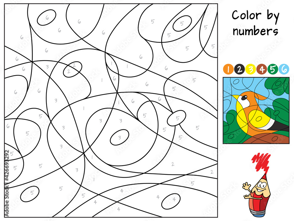 Little bird. Color by numbers. Coloring book. Cartoon vector ...