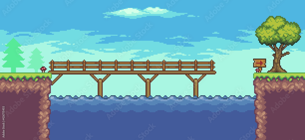 Pixel art arcade game scene with floating platform, river, bridge, trees, fence and clouds, 8bit ...
