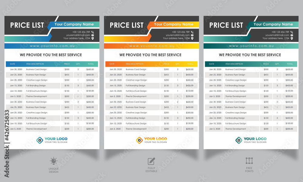 Price list design, Cost sheet design, invoice template, Bill form ...