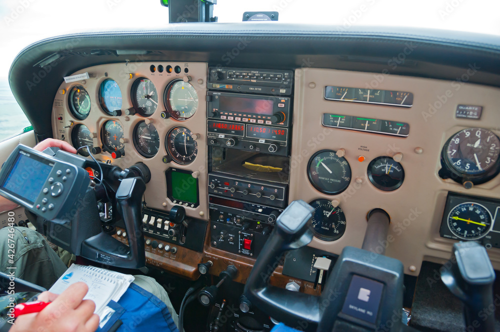 The instrument panel in the cockpit of the Cessna 182 RG Skylane in ...
