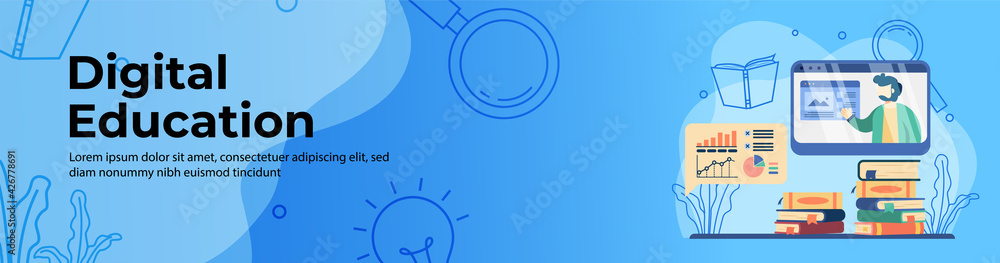 Digital Education Web Banner Design. Teacher on monitor to explain the ...