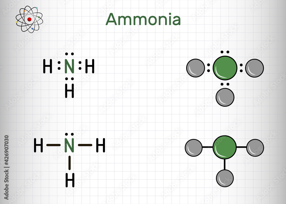 Ammonia, NH3 molecule. It is pnictogen hydride, inorganic compound ...