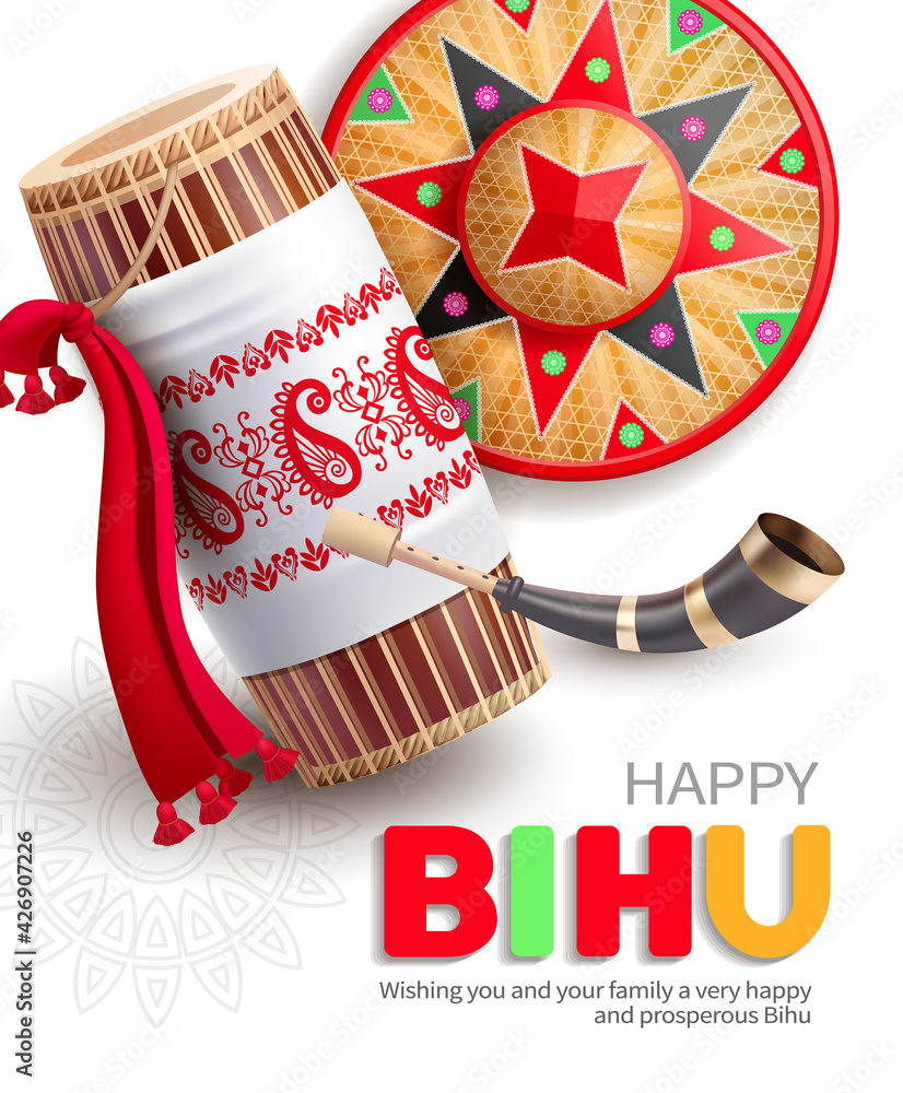 Greeting background with drum (dhol, onoinya) decorated with gamosa ...