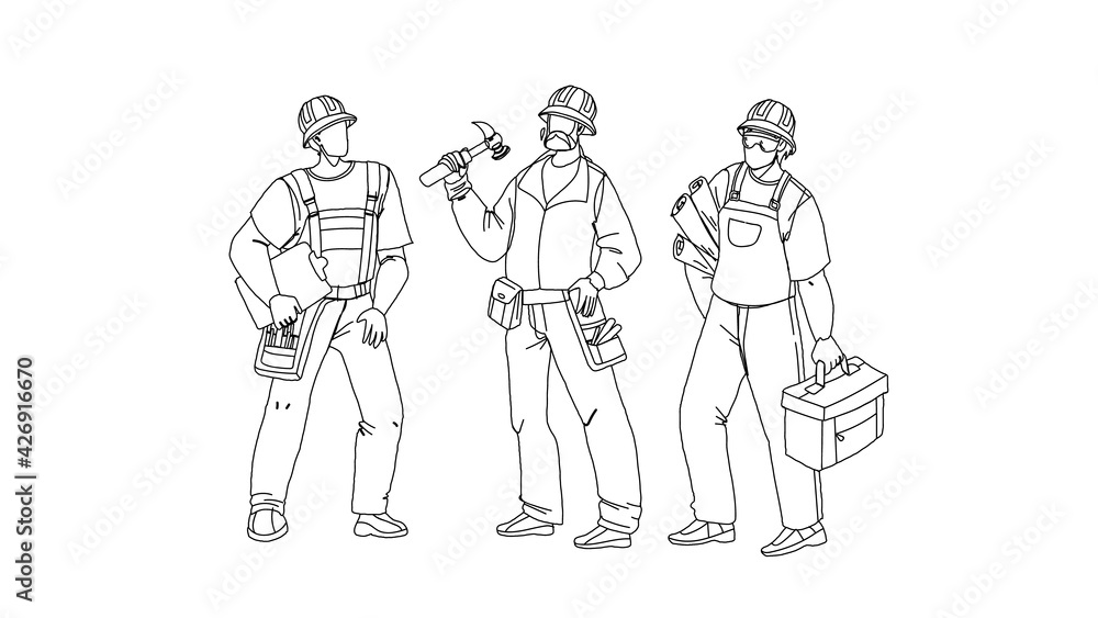 Builders With Building Equipment And Plan Black Line Pencil Drawing ...