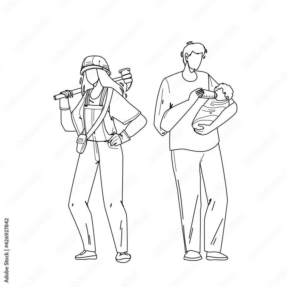 Gender Equality Relationship Man And Woman Black Line Pencil Drawing ...