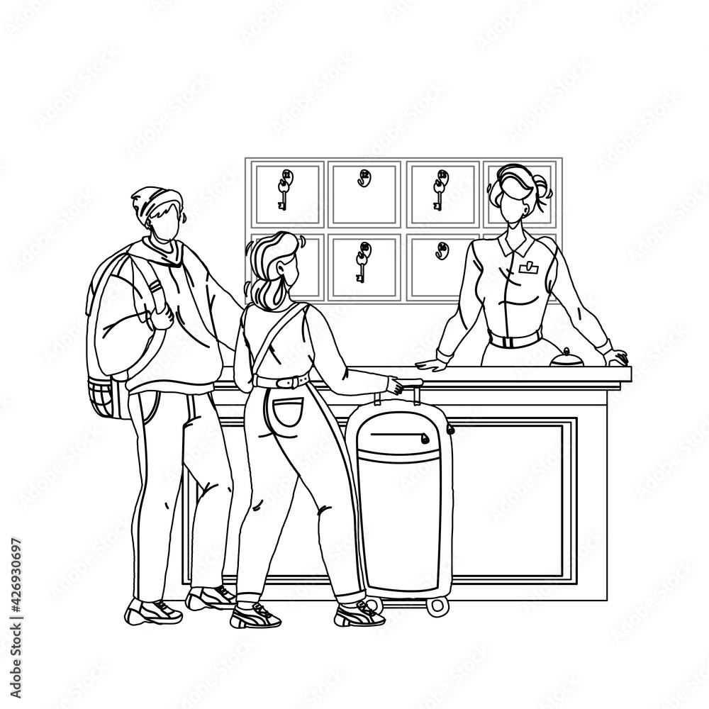 Vector de Stock At Hotel Reception Registering Guest Couple Black Line ...
