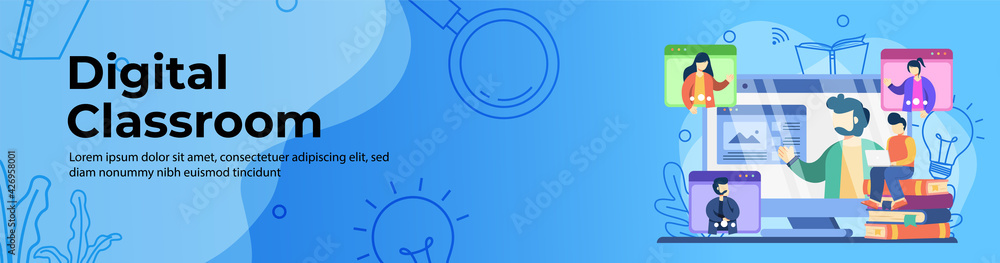 Digital Classroom Web Banner Design.Student sitting on a stack of book ...