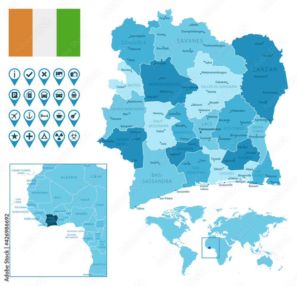 Cote dIvoire detailed administrative blue map with country flag and ...