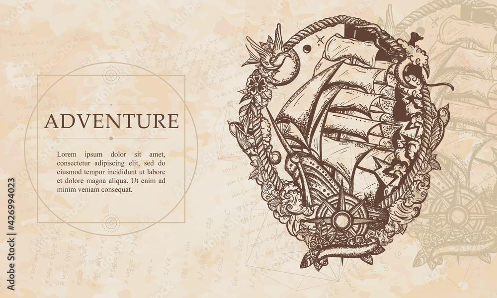 Adventure. Pirate ship goes by storm. Sail boat and sea hurricane ...