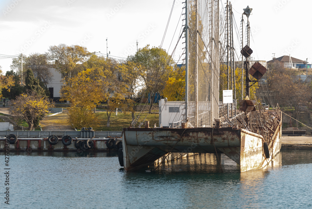 Sea target for artillery shooting. Sea barge for practicing shooting at ...
