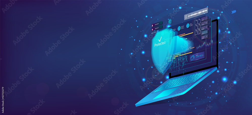 Laptop with shield, Cyber Security concept. 3D laptop and cloud data ...