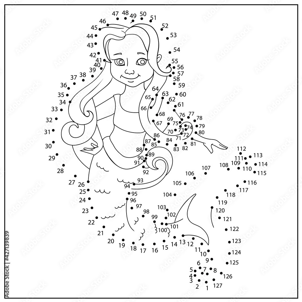 Kids game. Dot to dot drawing of cute mermaid. Worksheet, activity page ...