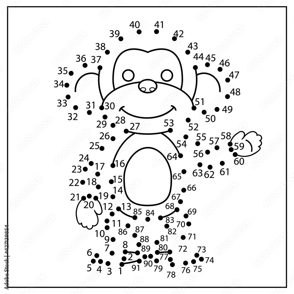 Dot to dot game with drawing of monkey. Education kids worksheet ...