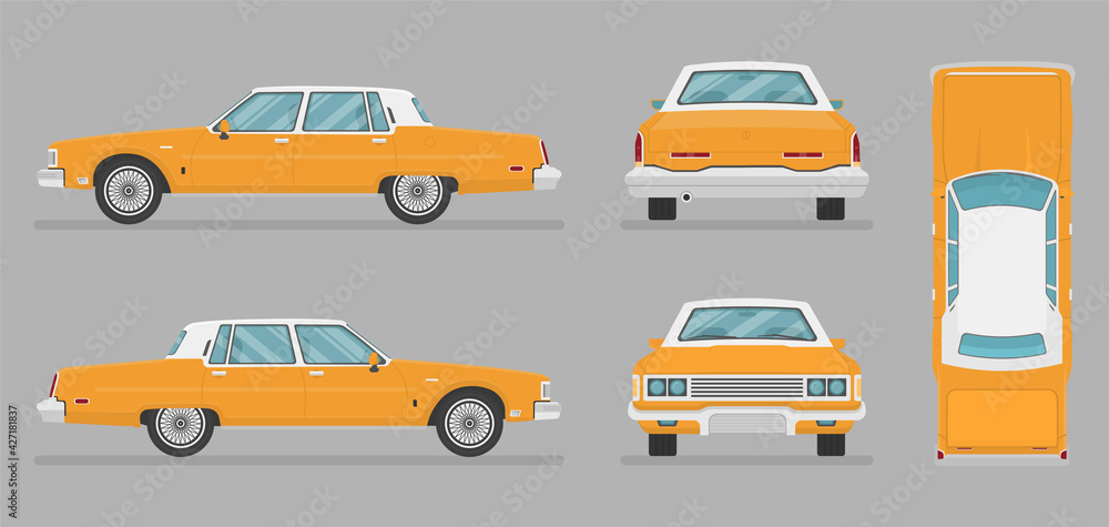 Vector sedan auto. Black car from different sides. Side view, front ...