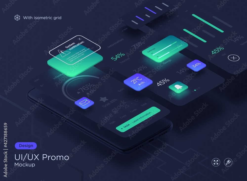 Vector de Stock Modern smartphone app interface design mockup. Vector isometric illustration ...