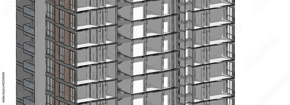 Partial 3d cross section perspective of a residence building. Pastel ...