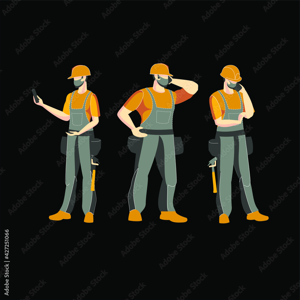 Construction workers characters. They are talking on the phone ...