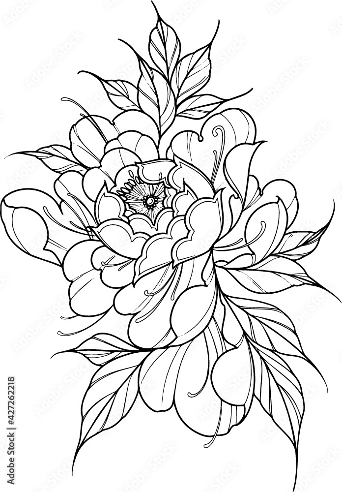 Traditional Peony Tattoo Flash
