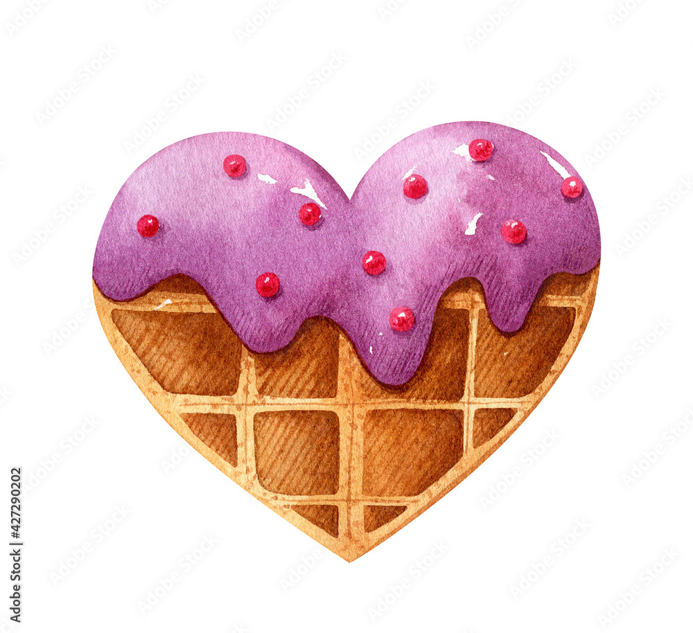Heart shaped belgian waffle with purple berry glaze and sprinkles ...