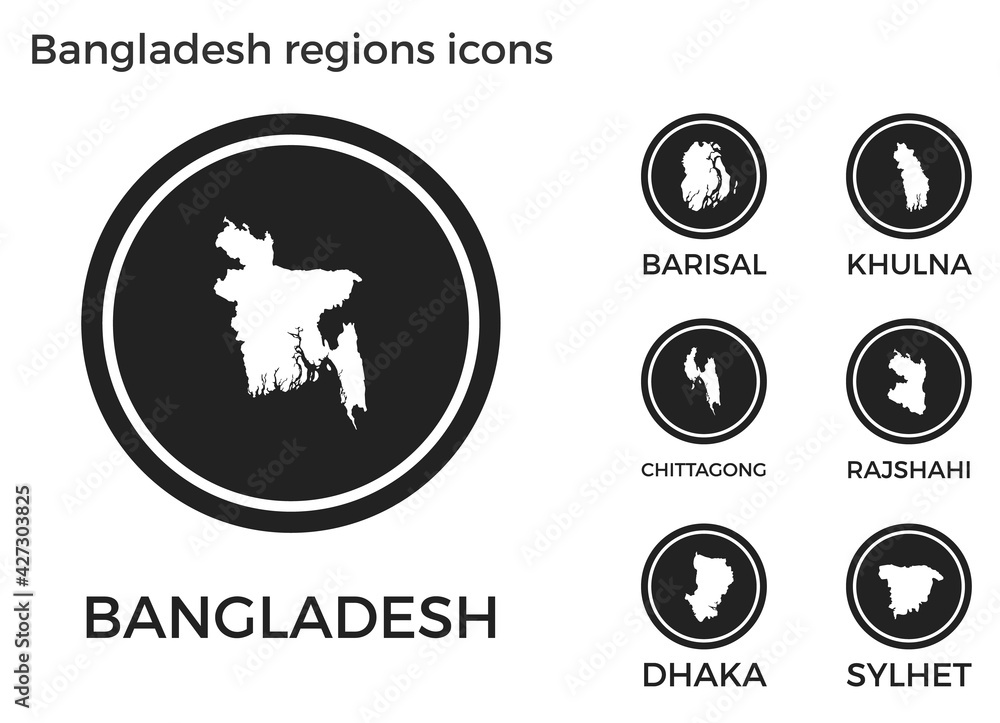 Bangladesh regions icons. Black round logos with country regions maps ...