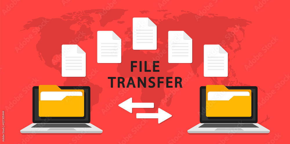 File transfer against the background of the world map. Two laptop computers with file, folder or ...