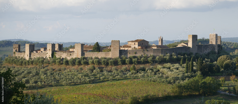 Panorama of Monteriggioni Castle with circular perimeter walls with 14 ...