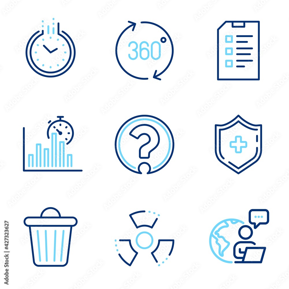 Science icons set. Included icon as 360 degrees, Checklist, Time signs. Chemical hazard, Trash ...