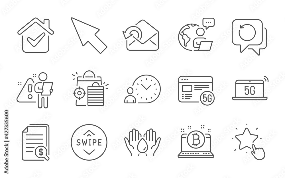 Image vectorielle Stock Bitcoin, 5g notebook and Mouse cursor line icons set. Swipe up, Recovery ...
