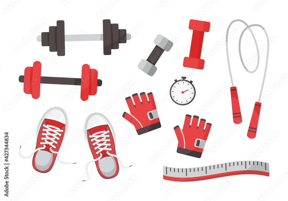 Fitness equipments, vector sport tools and accessories. Cartoon gym ...