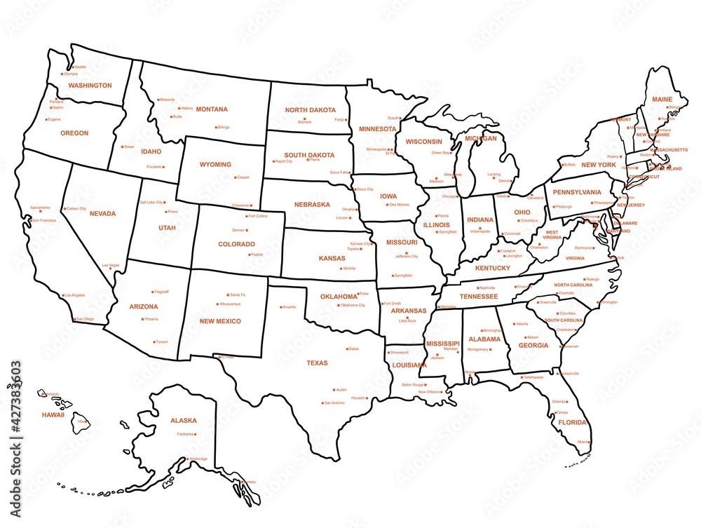 Doodle freehand drawing USA political map with major cities. Vector ...