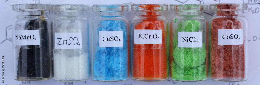 Chemical inorganic reagents salts: black sodium permanganate, white ...