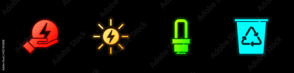 Set Lightning bolt, Solar energy panel, LED light bulb and Recycle bin ...