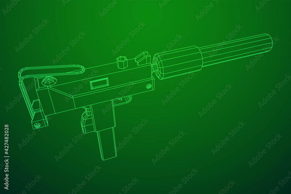 Submachine gun modern firearms pistol with silencer. Wireframe low poly ...