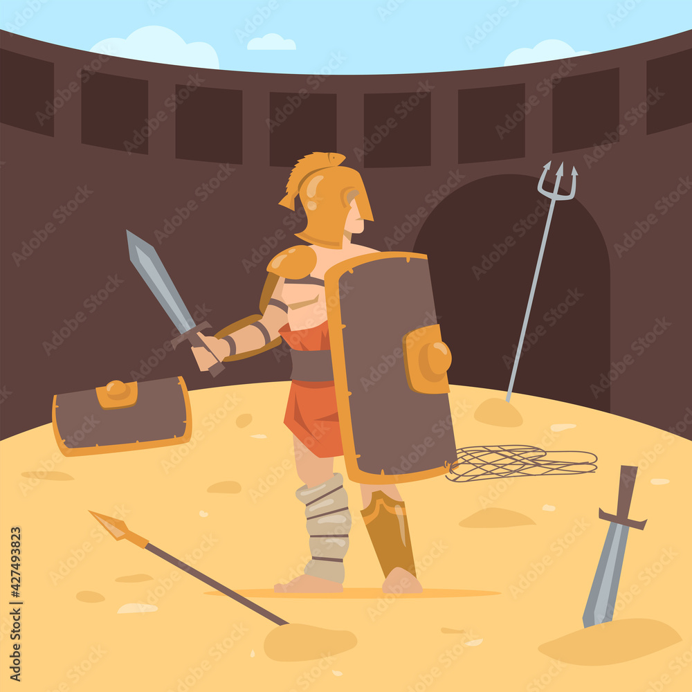 Roman soldier with sword and shield, wearing armor, helmet. Cartoon ...
