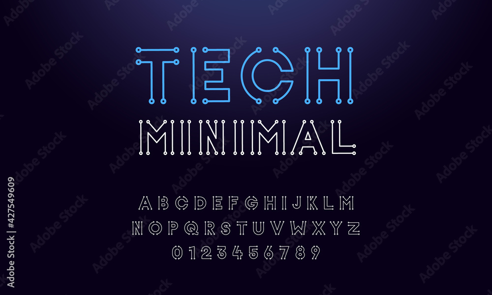 Minimal tech circuit font. Vector thin line digital typeface letters ...