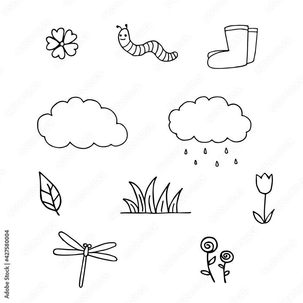 set of spring elements illustration vector, hand drawn and doodle ...