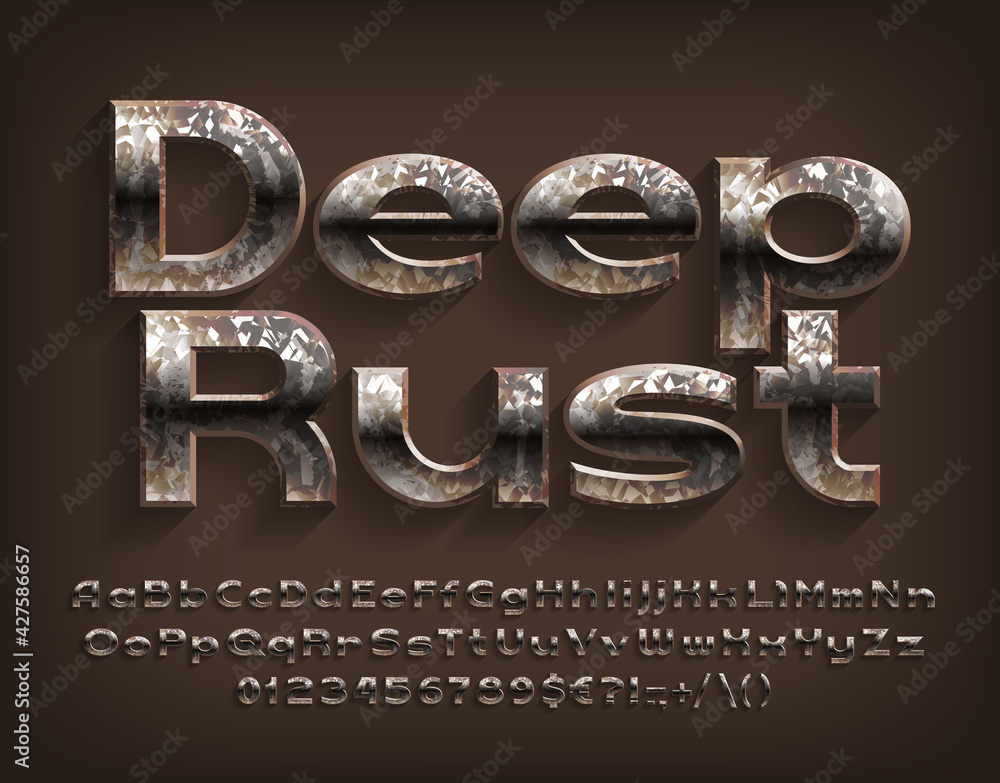 Deep Rust alphabet font. Messy beveled letters, numbers and ...