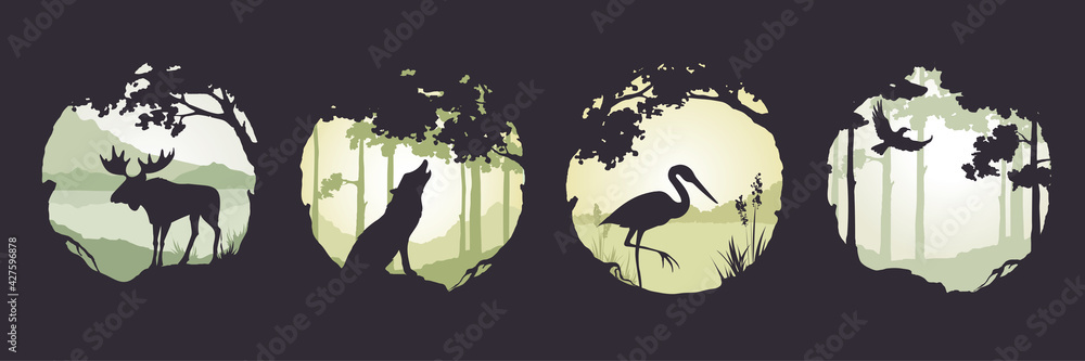 Fairy forest with wild animals. Landscapes with elk, heron and wolf ...