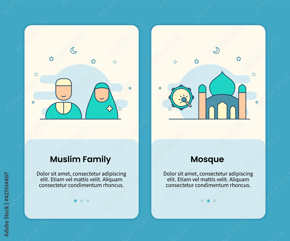 muslim family and mosque design onboarding design mobile page screen ...