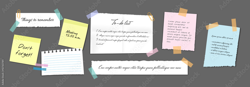 Paper sticky notes, memo messages, notepads and torn paper sheets ...