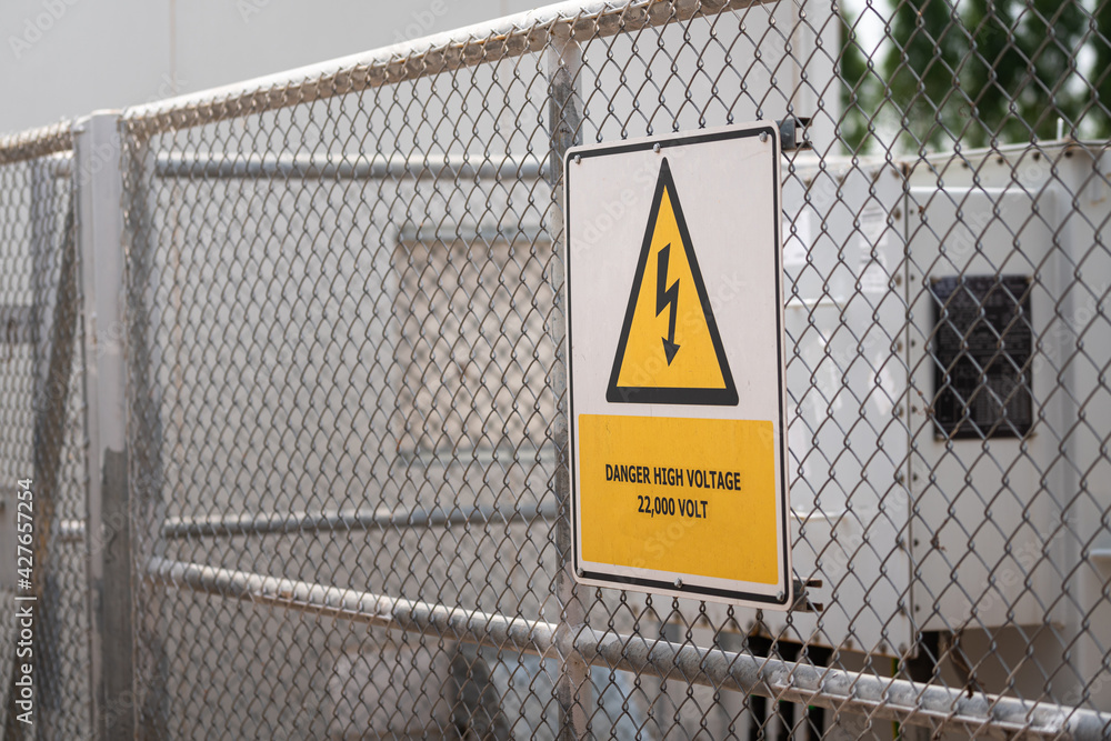 "Danger high voltage" electricity caution sign metal plate that ...