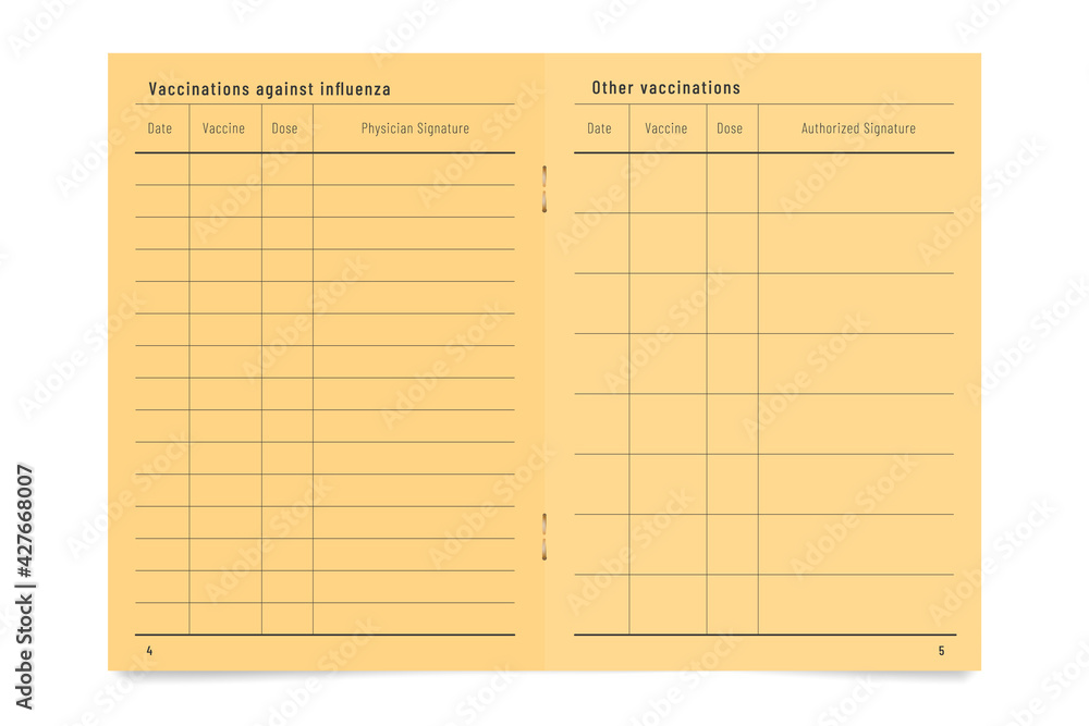 Record blank of vaccinations against influenza. Flue shots card ...