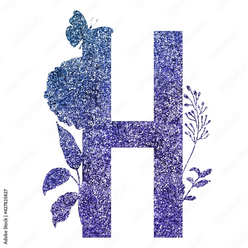 Glitter blue purple letter H with Flora and flower. Lilac Monogram ...