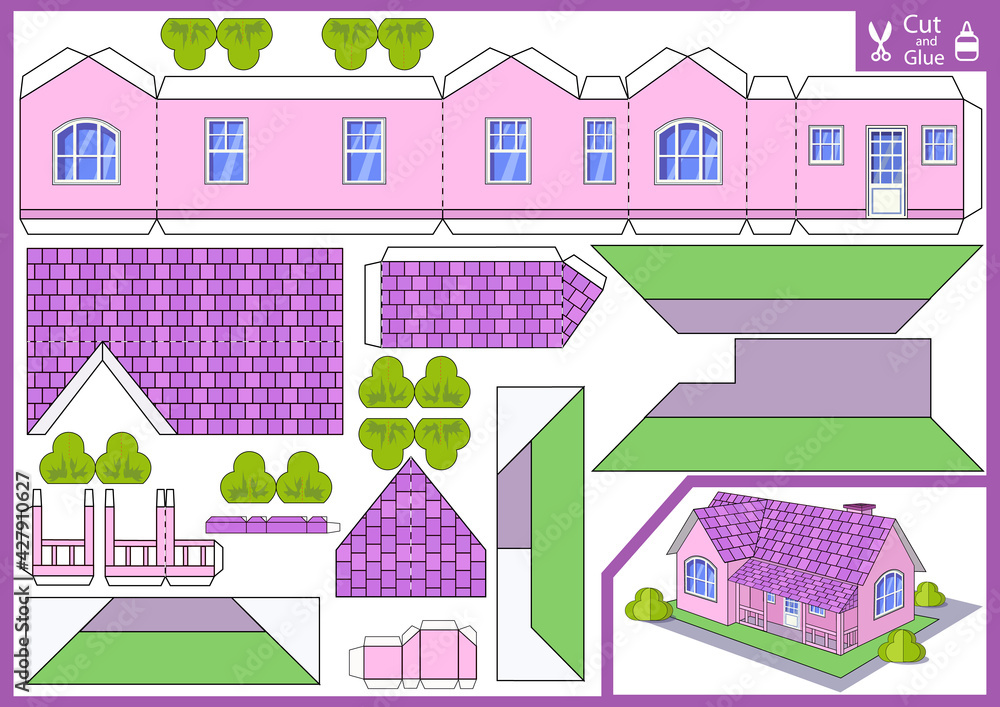 Cut and glue the 3d paper house. Children puzzle art game and activity ...