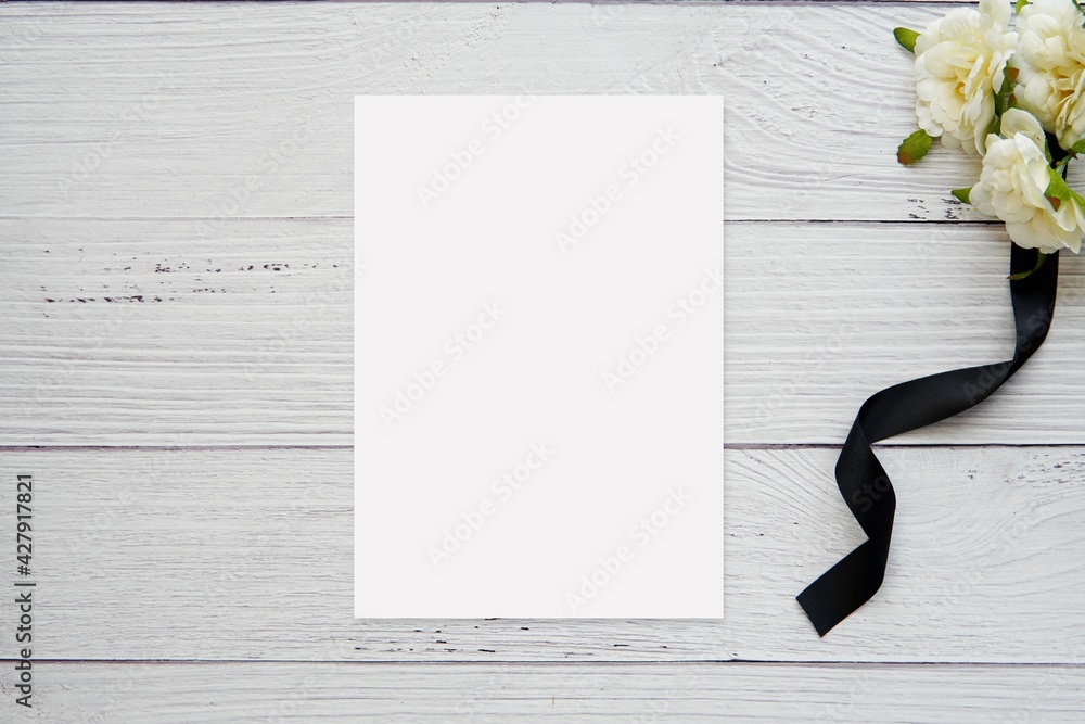 Sad grief card mockup, funeral program template on washed wood ...