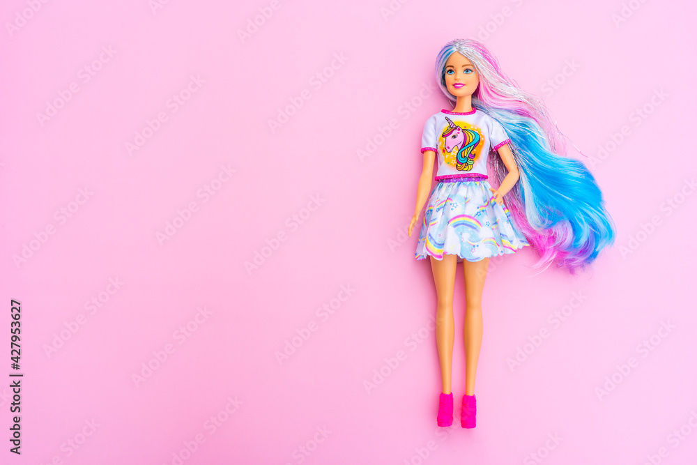 Nice, FRANCE - 12.04.2021: Portrait of blond rainbow Barbie doll ...