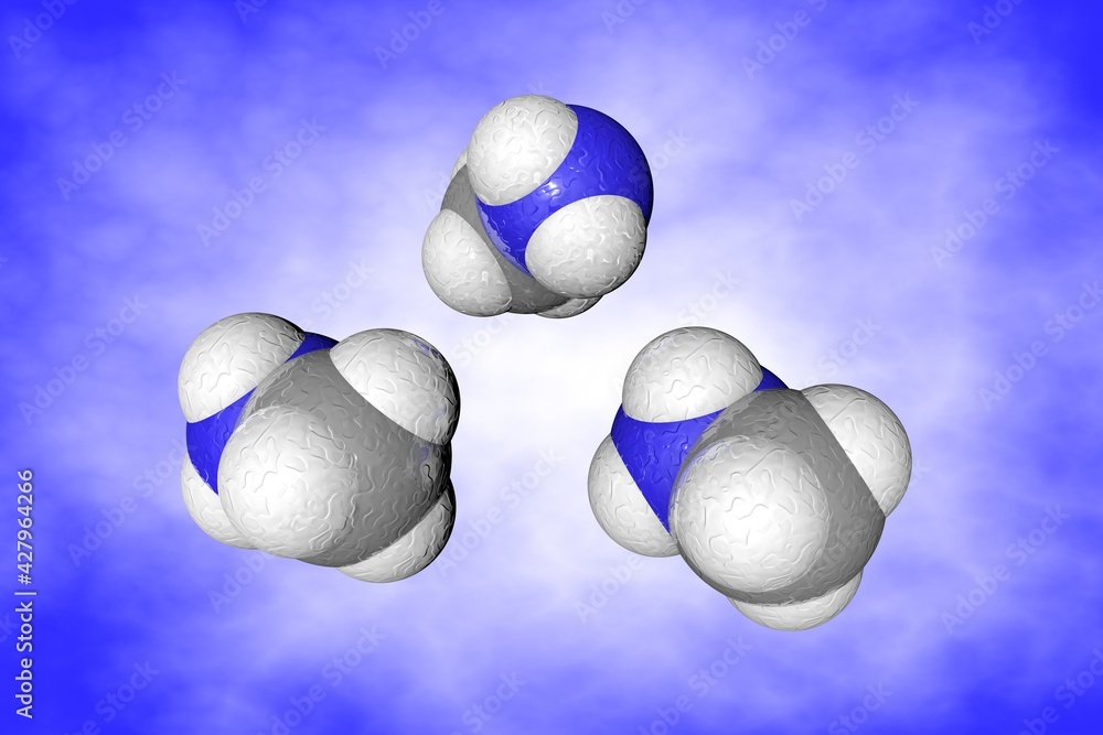 Space-filling molecular model of methylamine. Atoms are represented as ...
