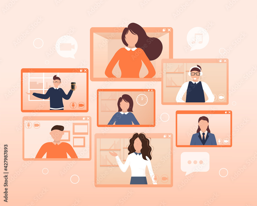 Flat illustration. Video conference. Video call between friends ...
