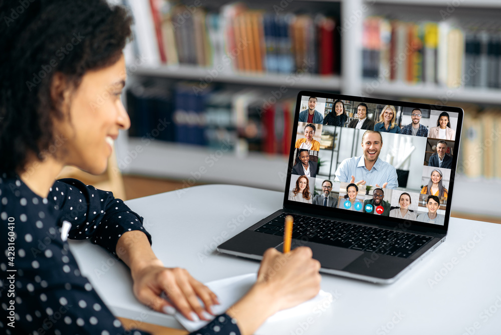 Group brainstorming, online meeting, distance learning. Mixed race ...