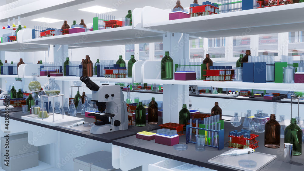 Microscope, test tubes, flasks and other laboratory equipment on ...